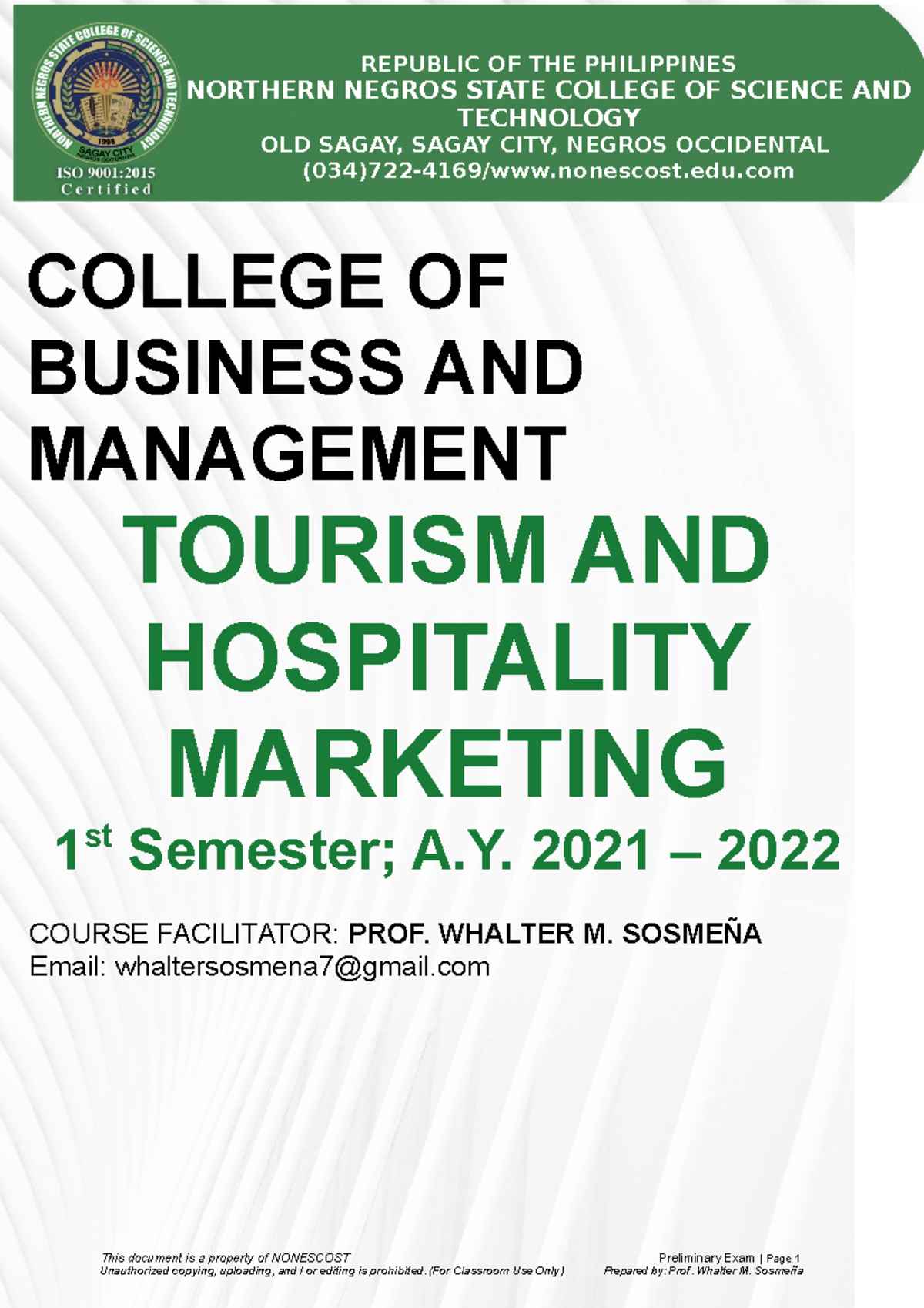 THC 5 Prelim Exam - Examination Answers - This document is a property ...