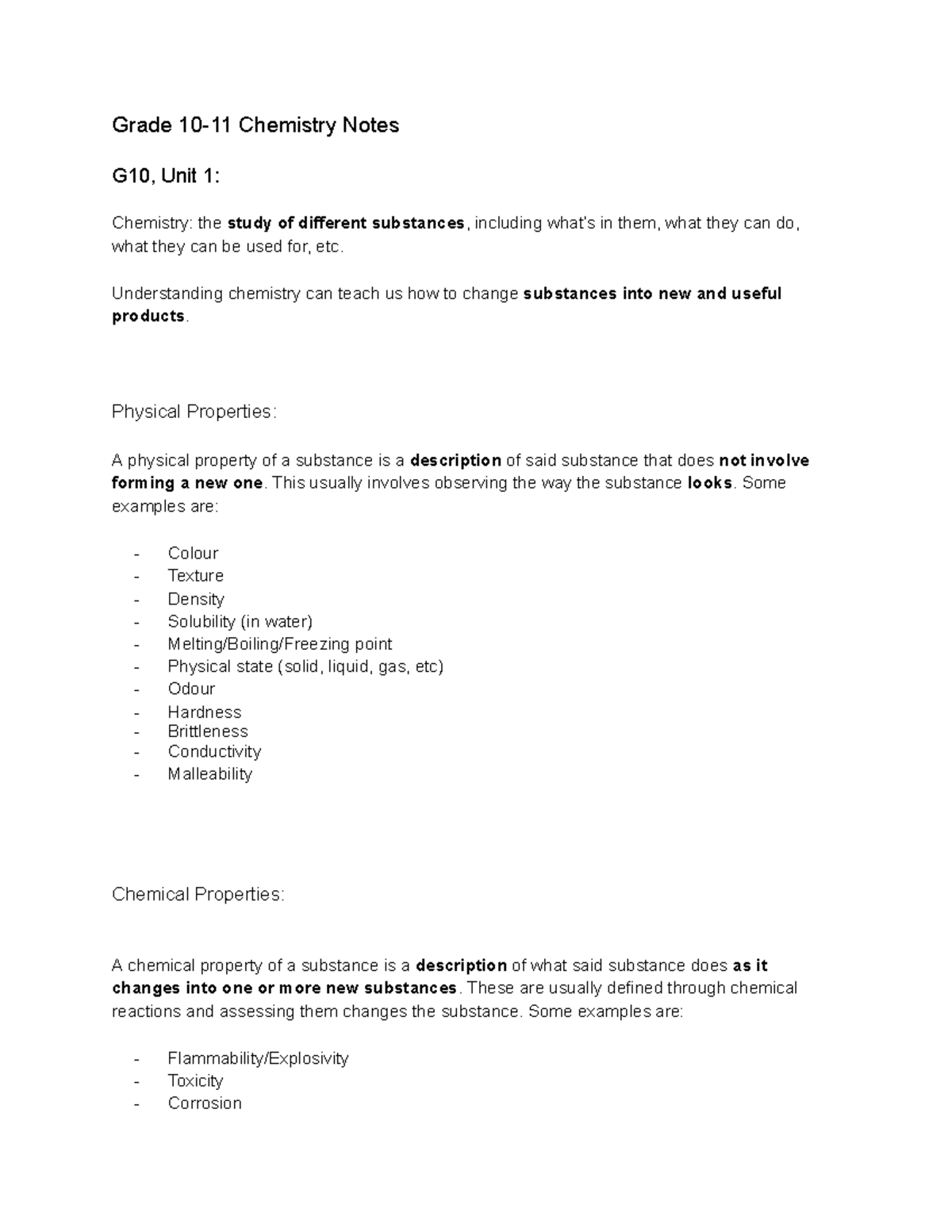 Grade 10-11 Chemistry Notes - Understanding chemistry can teach us how ...