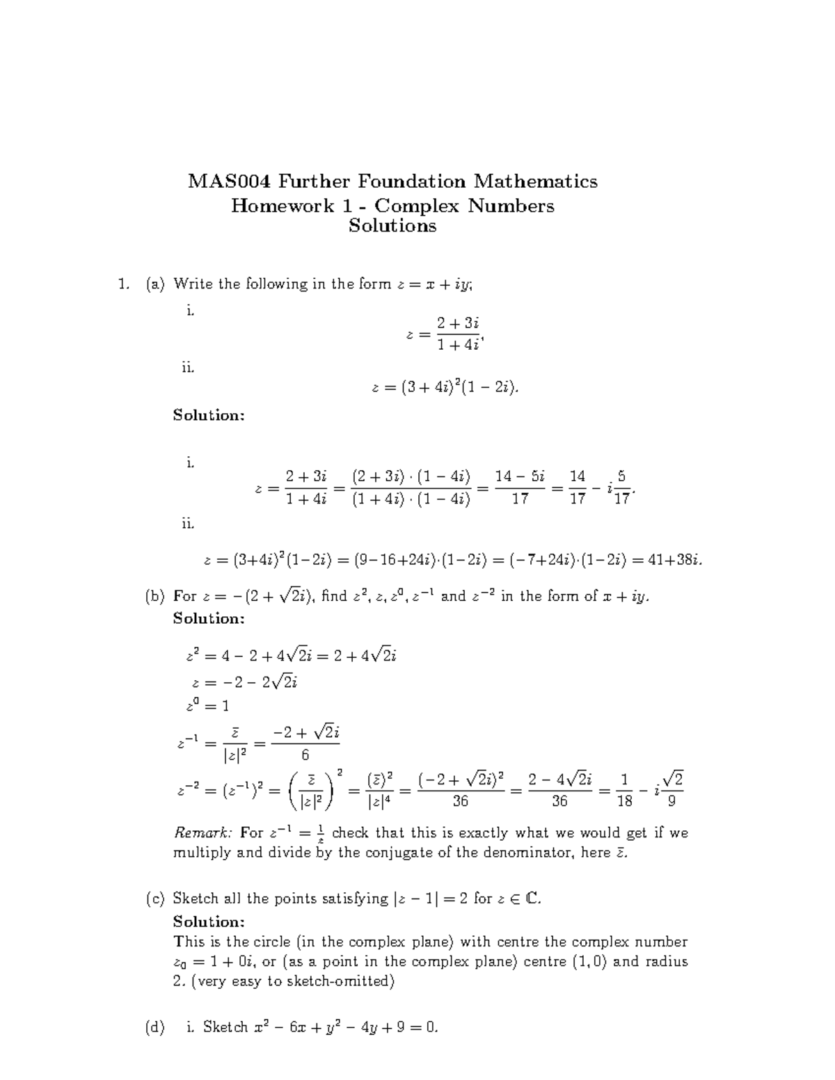 Solutions - Homework 1 - Complex Numbers - MAS004 Further Foundation ...