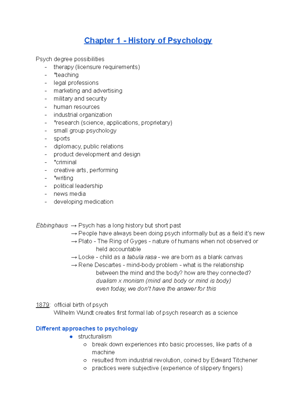 Chapter 1 Summary History of Psychology - Chapter 1 History of ...