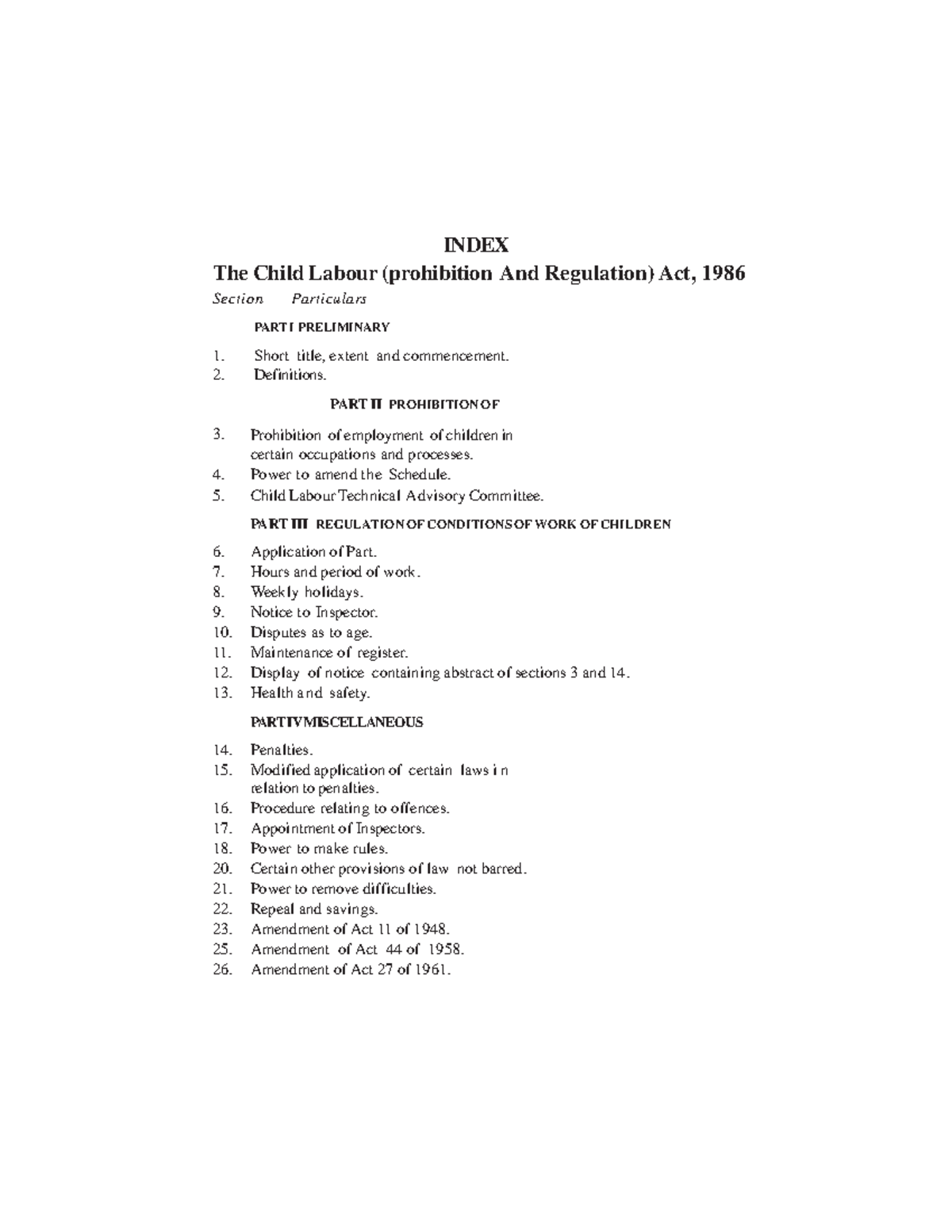 Child Labour Act - Notes - INDEX The Child Labour (prohibition And ...