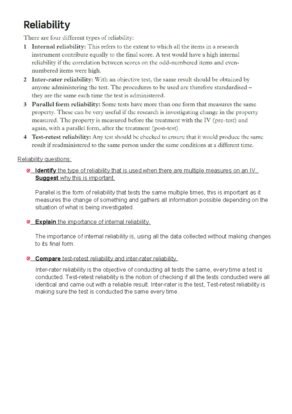 Reliability and validity worksheet - Reliability questions: Identify ...