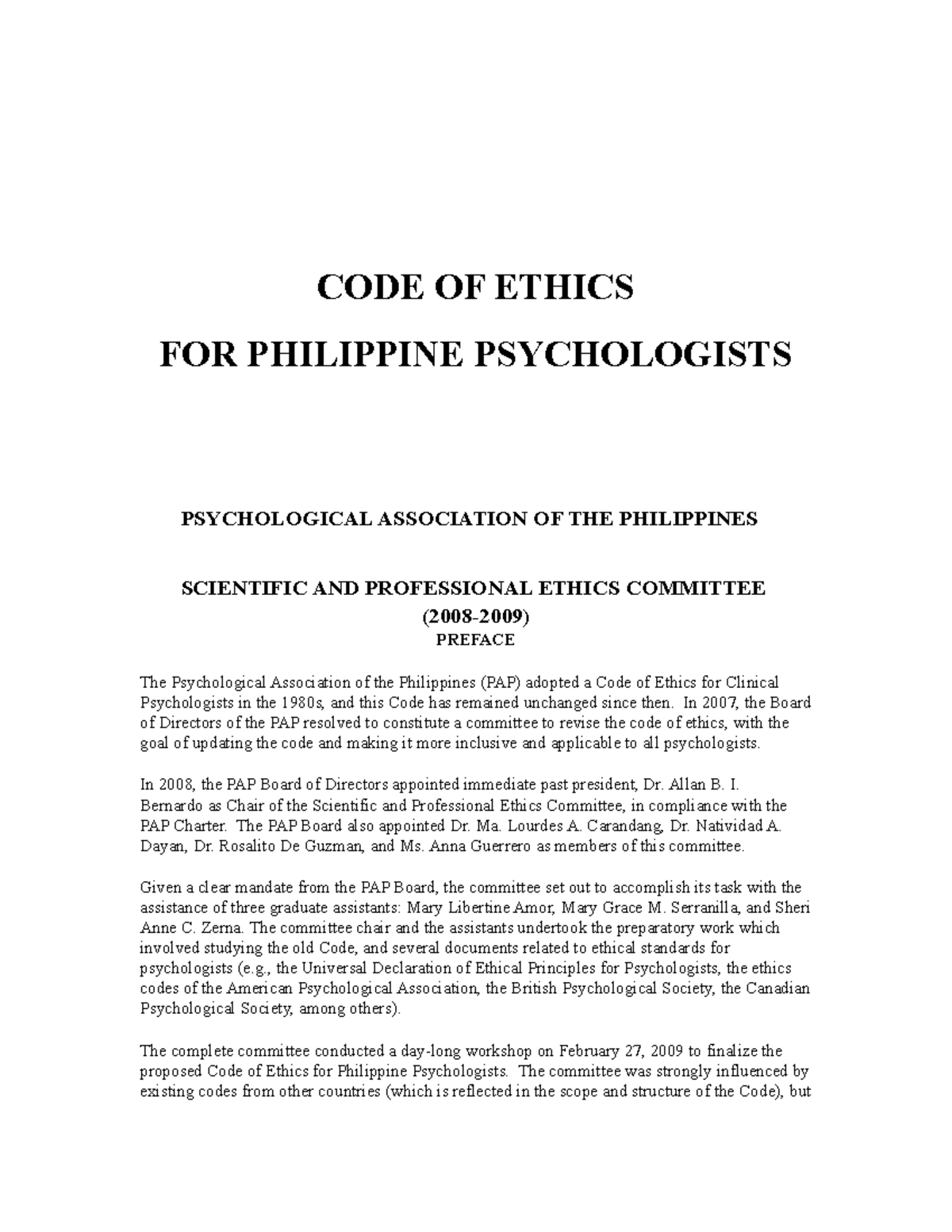 PAP Code of Ethics for Philippine Psychologists (1) - CODE OF ETHICS ...