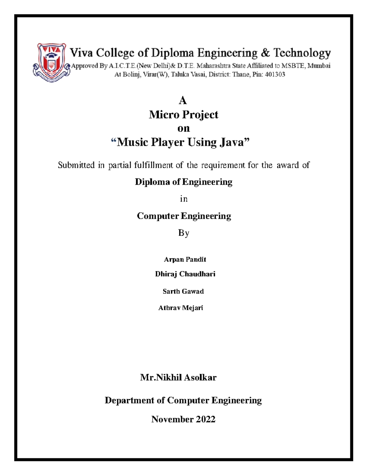 Myadvancejavaproject A Micro Project On Music Player Using Java” Submitted In Partial