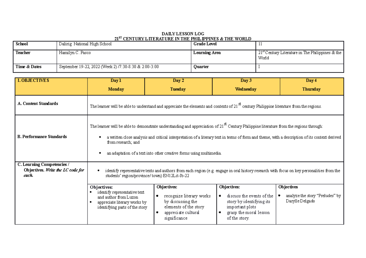 DLP 21ST Century LIT WEEK 2 - DAILY LESSON LOG 21 ST CENTURY LITERATURE ...