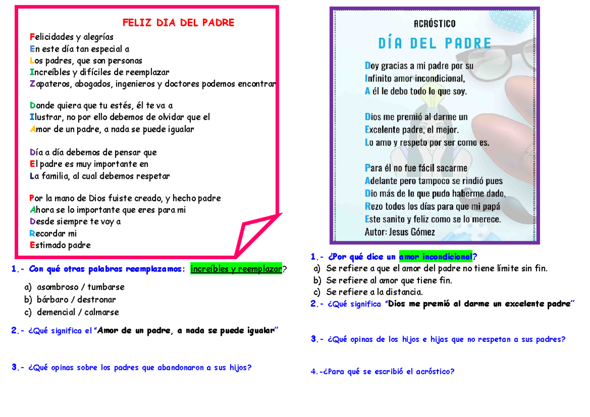 Ficha leemos acrósticos - FELIZ DIA DEL PADRE Felicidades y alegrías En ...