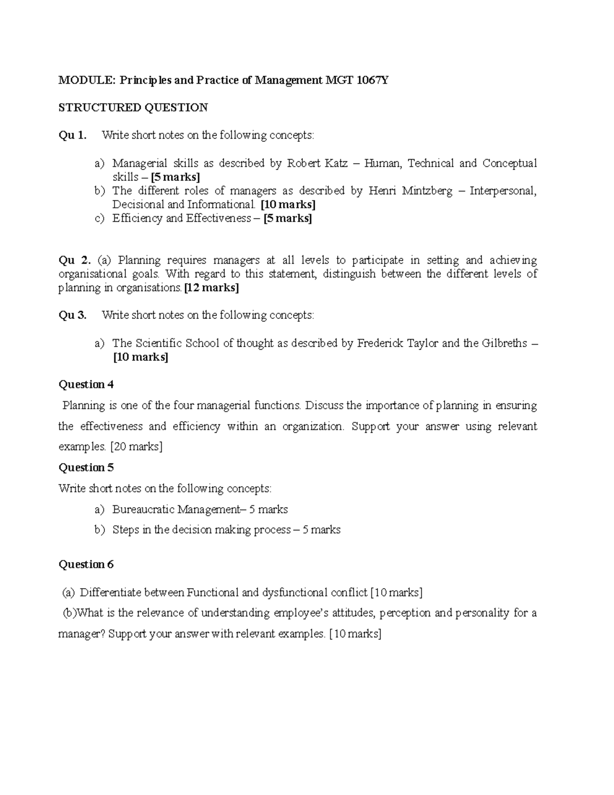 Structured questions - MODULE: Principles and Practice of Management ...