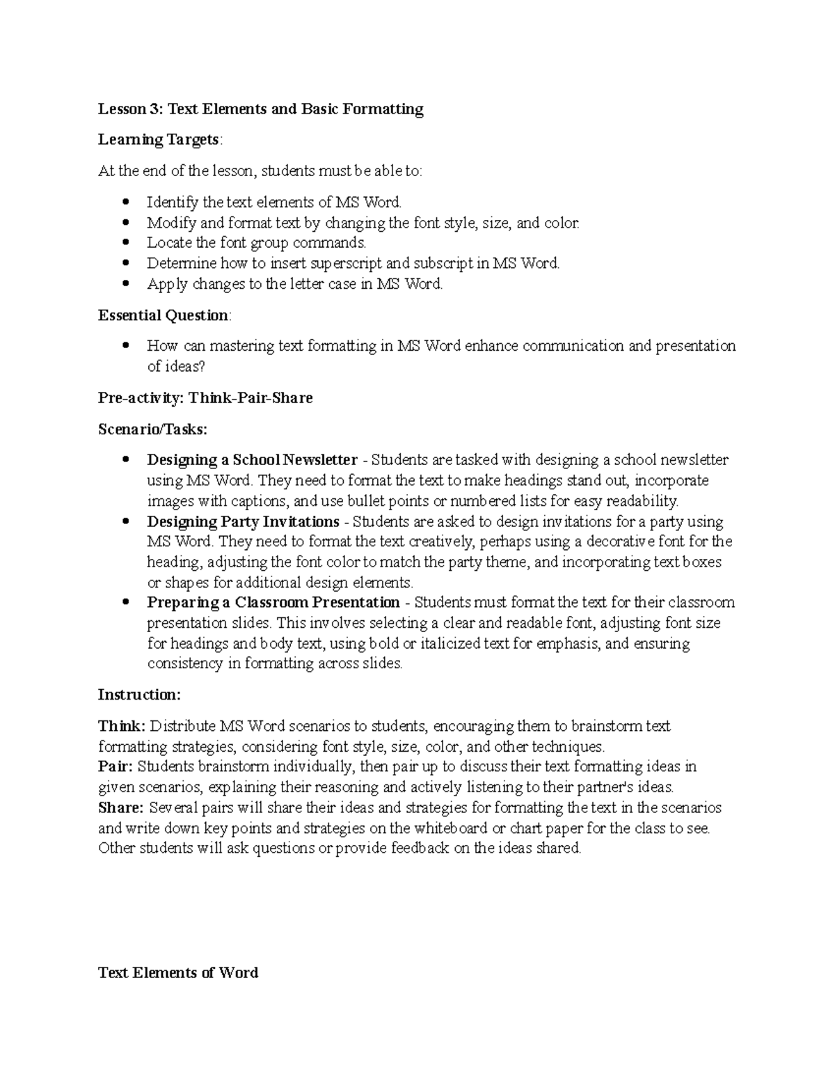 Lesson 3 - Computer - Lesson 3: Text Elements and Basic Formatting ...