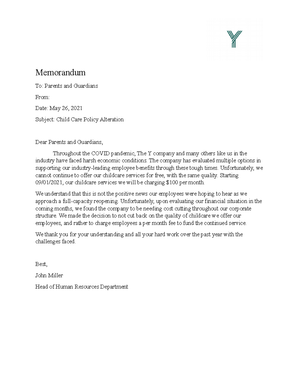 Memorandum - Memorandum To: Parents and Guardians From: Date: May 26 ...