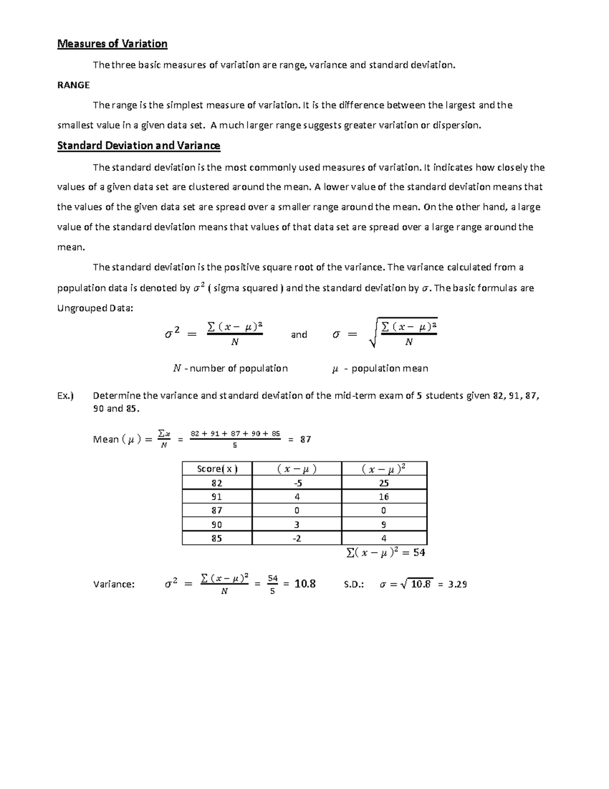 Measures of Variation - Read and solve. - Measures of Variation The ...
