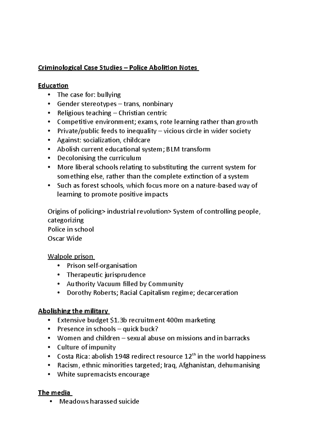 Criminological Case Studies - Police abolition notes - Criminological ...
