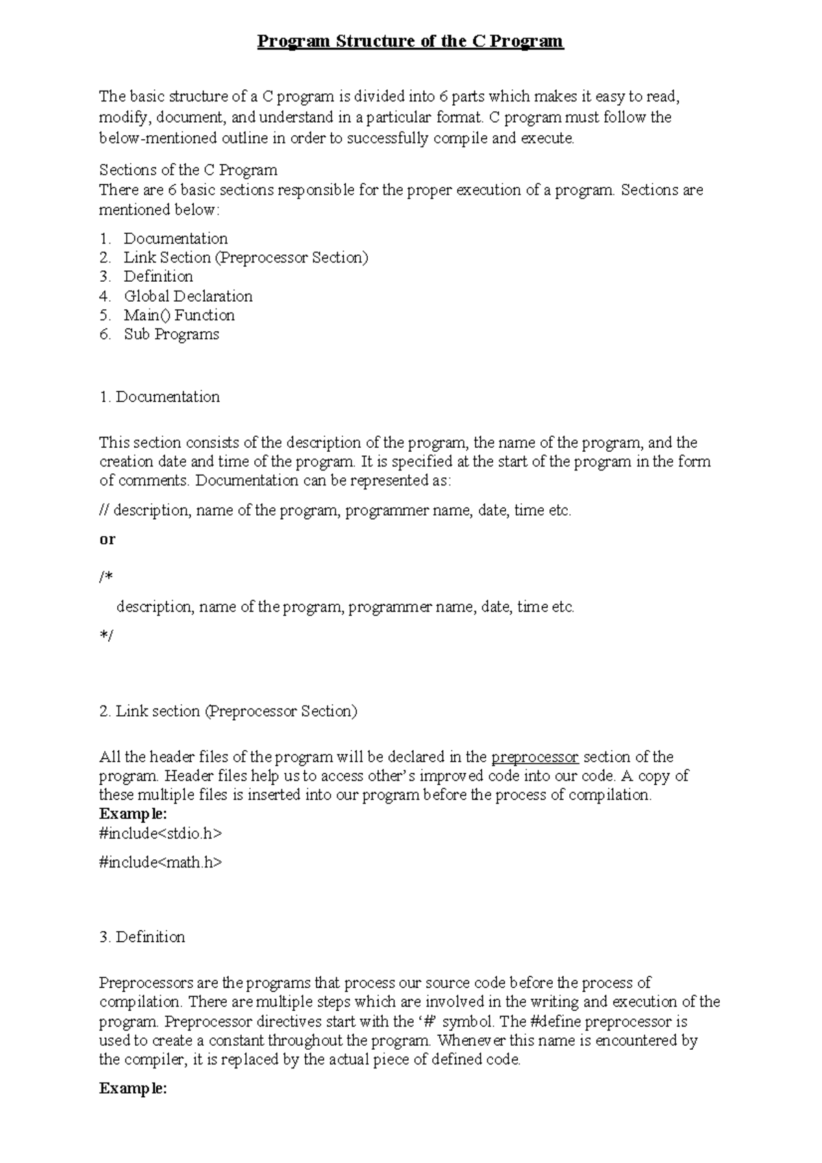 Algorithm notes for C programming language. - Program Structure of the ...