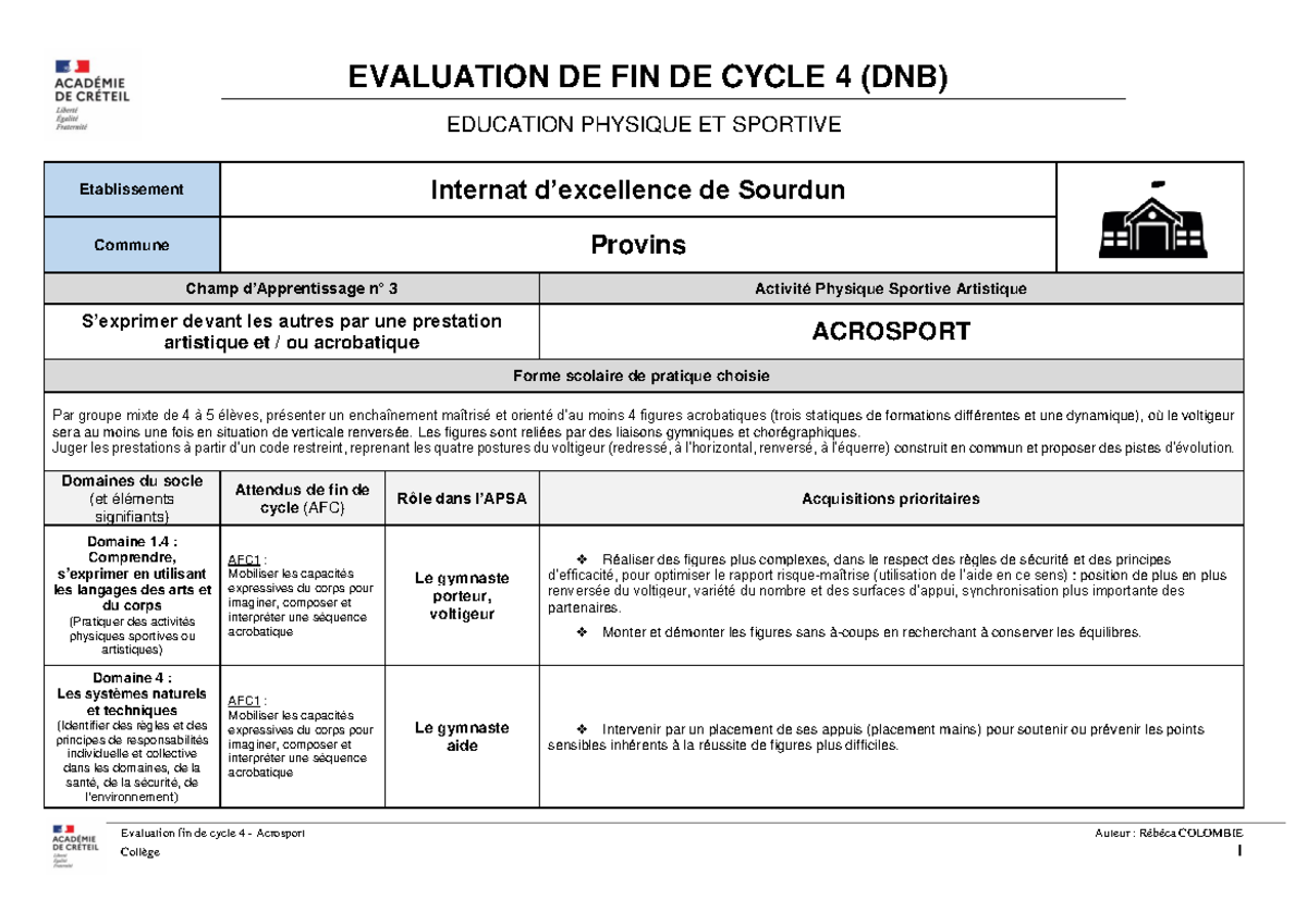 Ca3 acrosport eval dnb - Evaluation fin de cycle 4 - Acrosport Auteur : Rébéca COLOMBIE ...