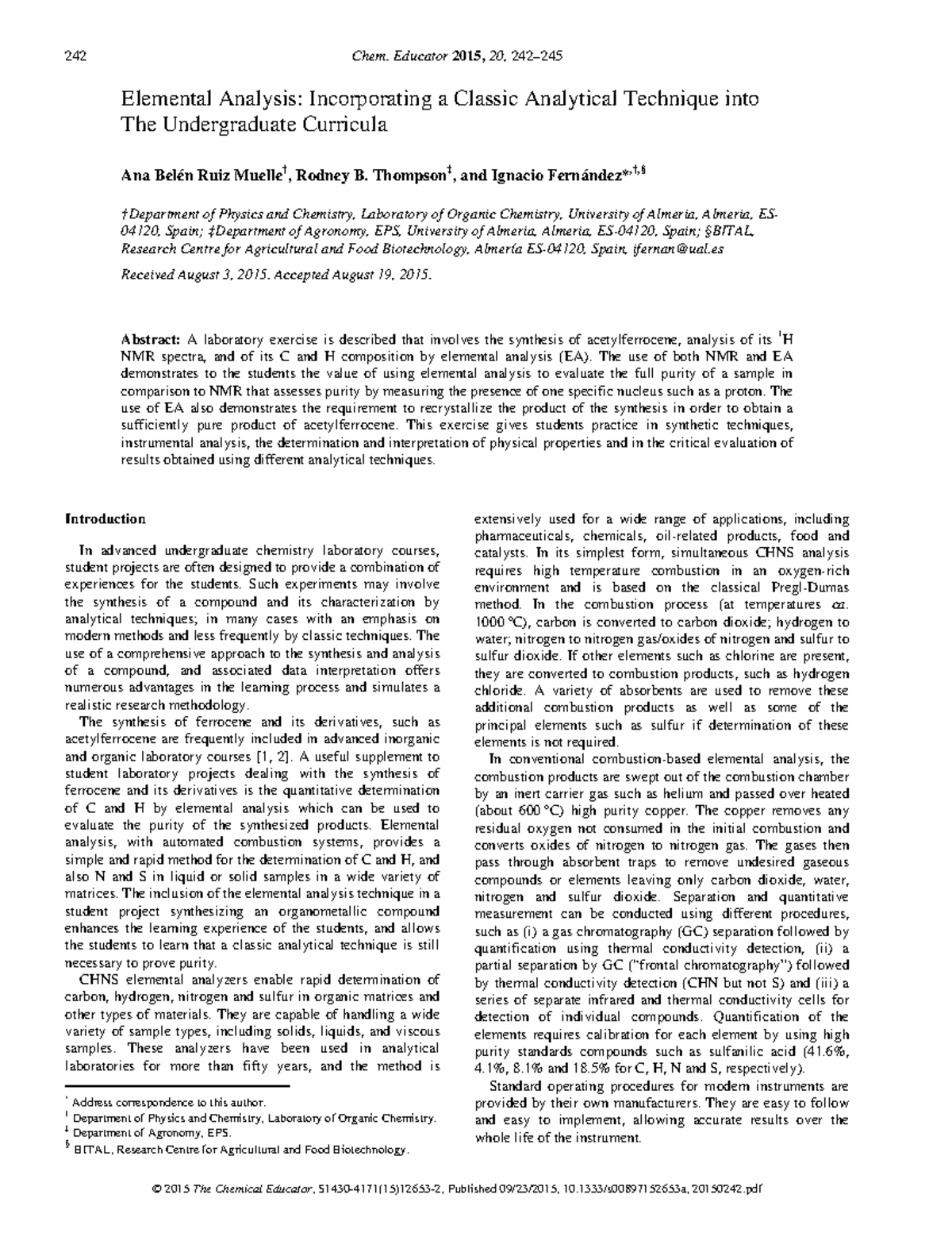 acylation lab report - 242 Chem. Educator 2015, 20, 242– Elemental ...
