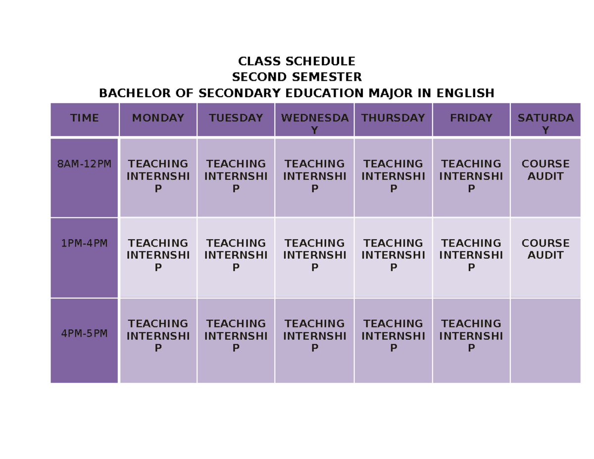 Class Schedule LAST Semester - CLASS SCHEDULE SECOND SEMESTER BACHELOR ...