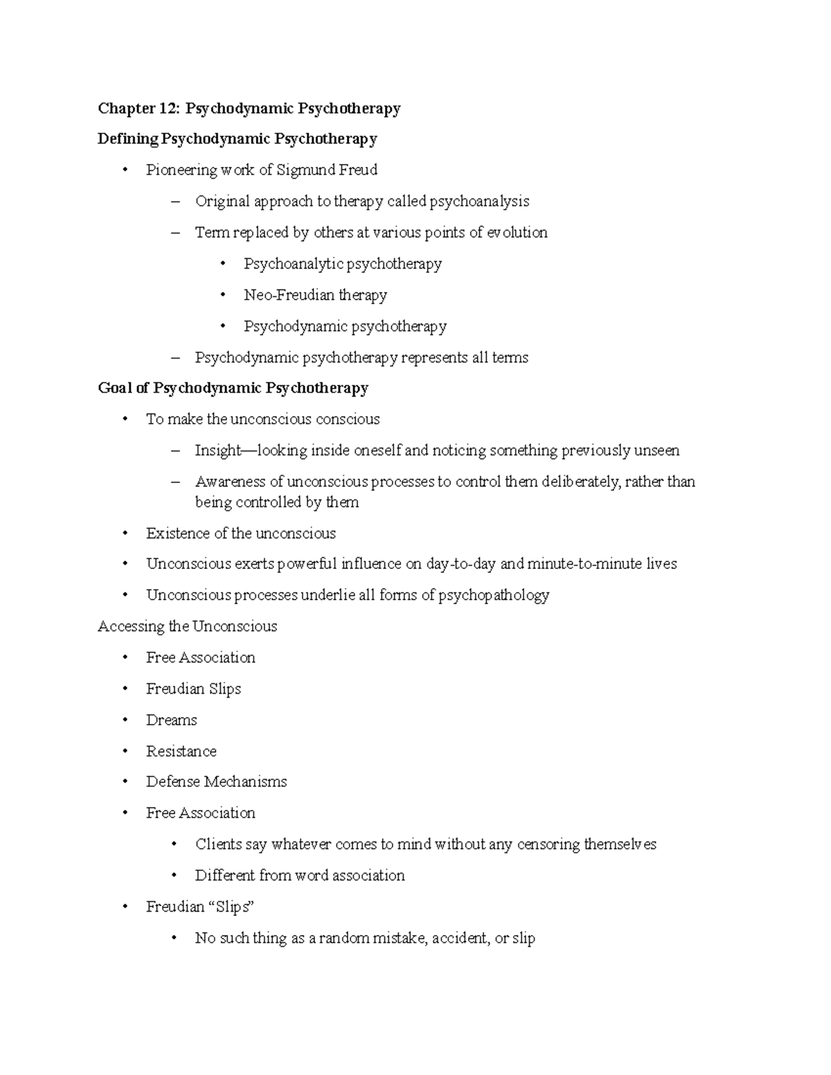 Psyc 345 chapter 12 notes - Chapter 12: Psychodynamic Psychotherapy ...