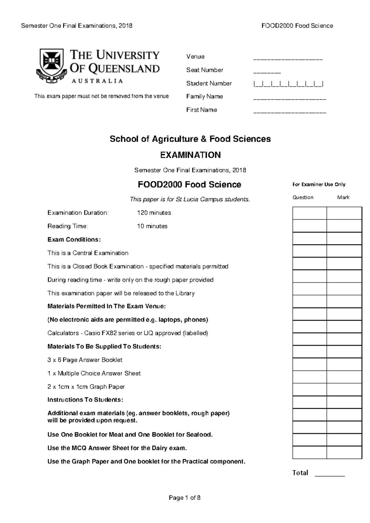Semester One Final Examinations 2018 FOOD2000 - This exam paper must ...