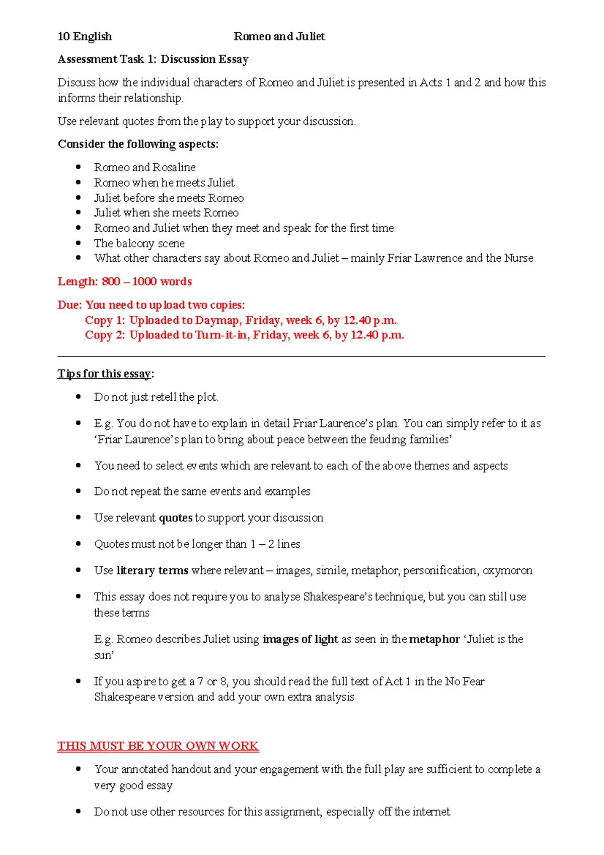 Assessment Task 1 Romeo and Juliet - 10 English Romeo and Juliet ...