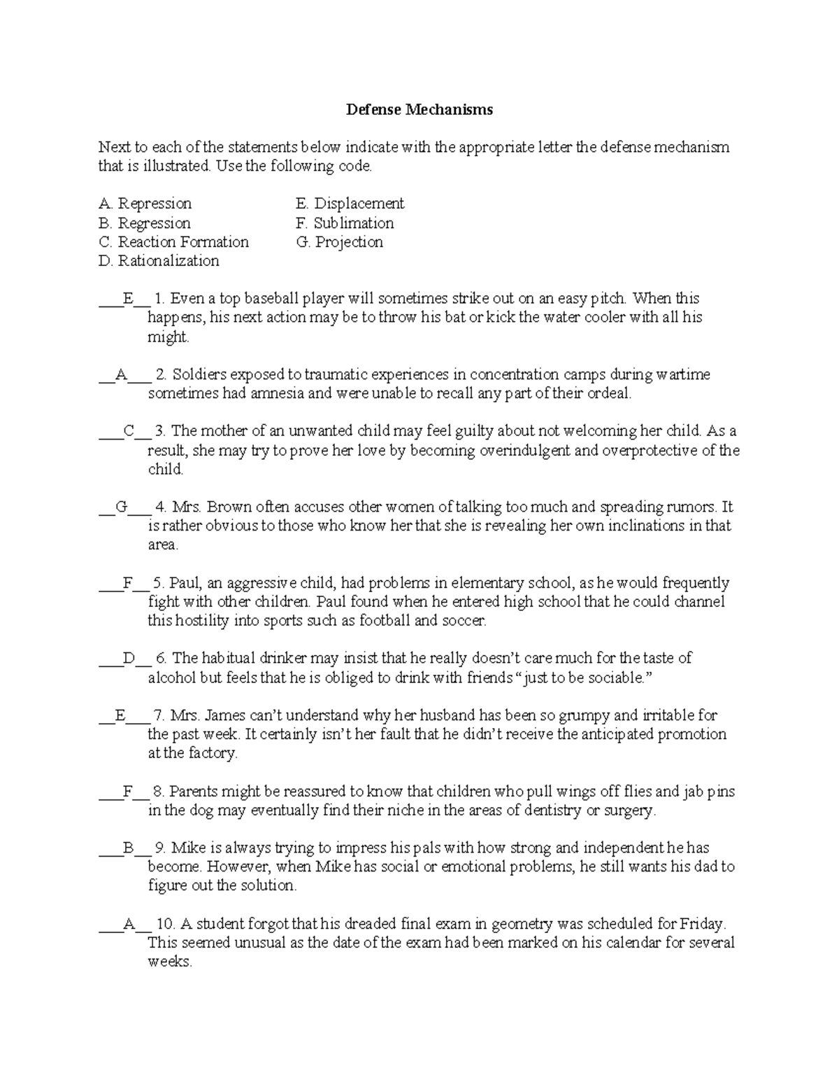 Defense Mechanisms handout - Defense Mechanisms Next to each of the ...