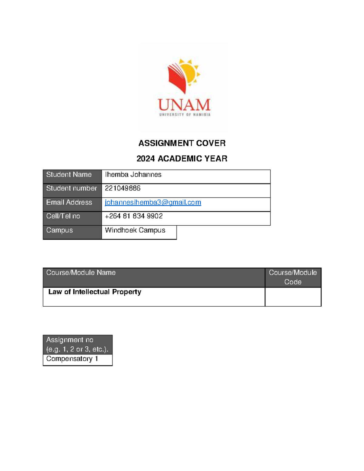 Compesatory Assignment 1 - ASSIGNMENT COVER 2024 ACADEMIC YEAR Course ...