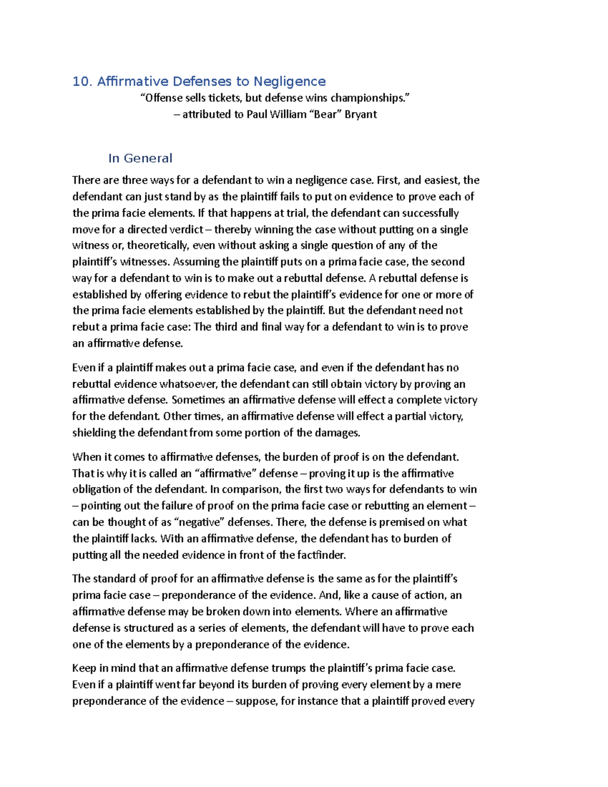 Tort law m70 - Tort law - 10. Affirmative Defenses to Negligence ...