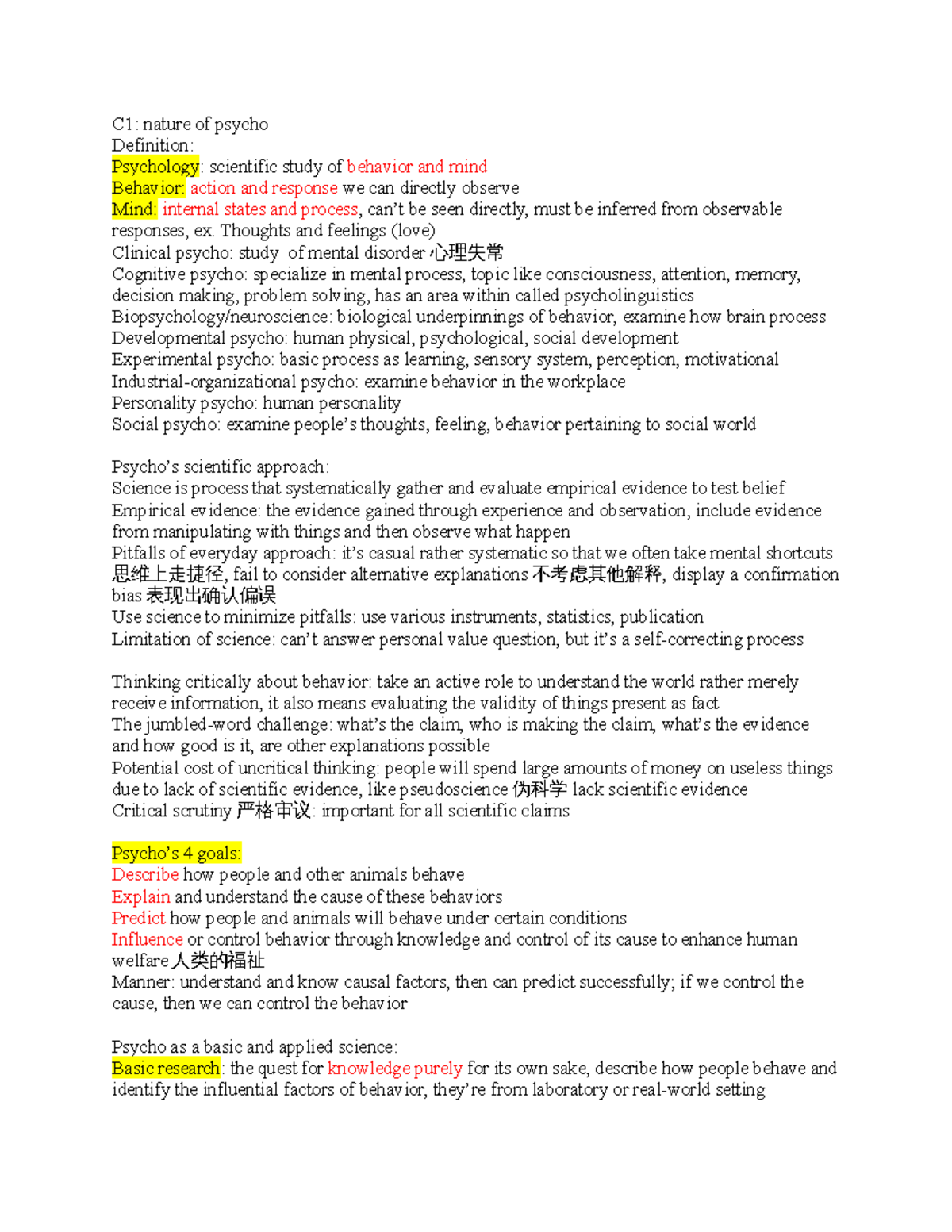 C1 - book note - C1: nature of psycho Definition: Psychology ...