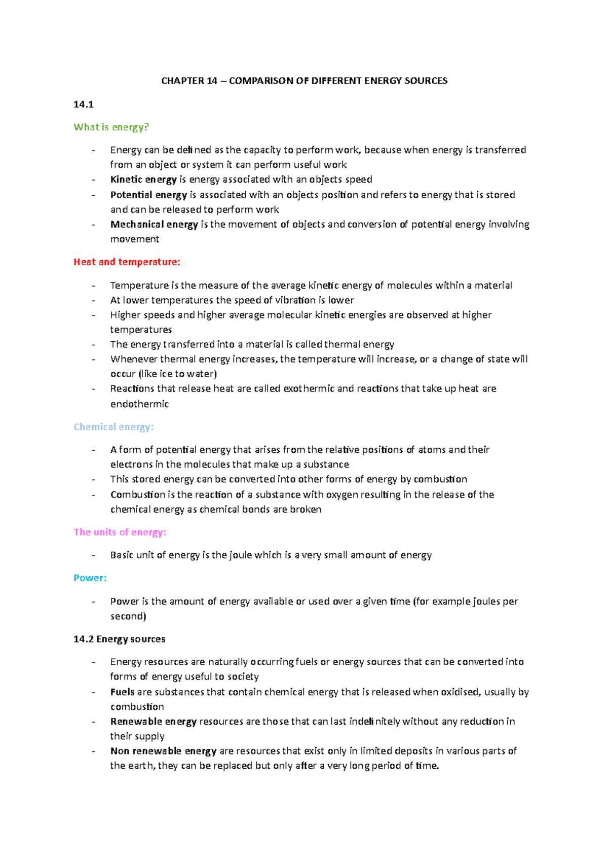 Chapter 14 Summary CHAPTER 14 COMPARISON OF DIFFERENT ENERGY