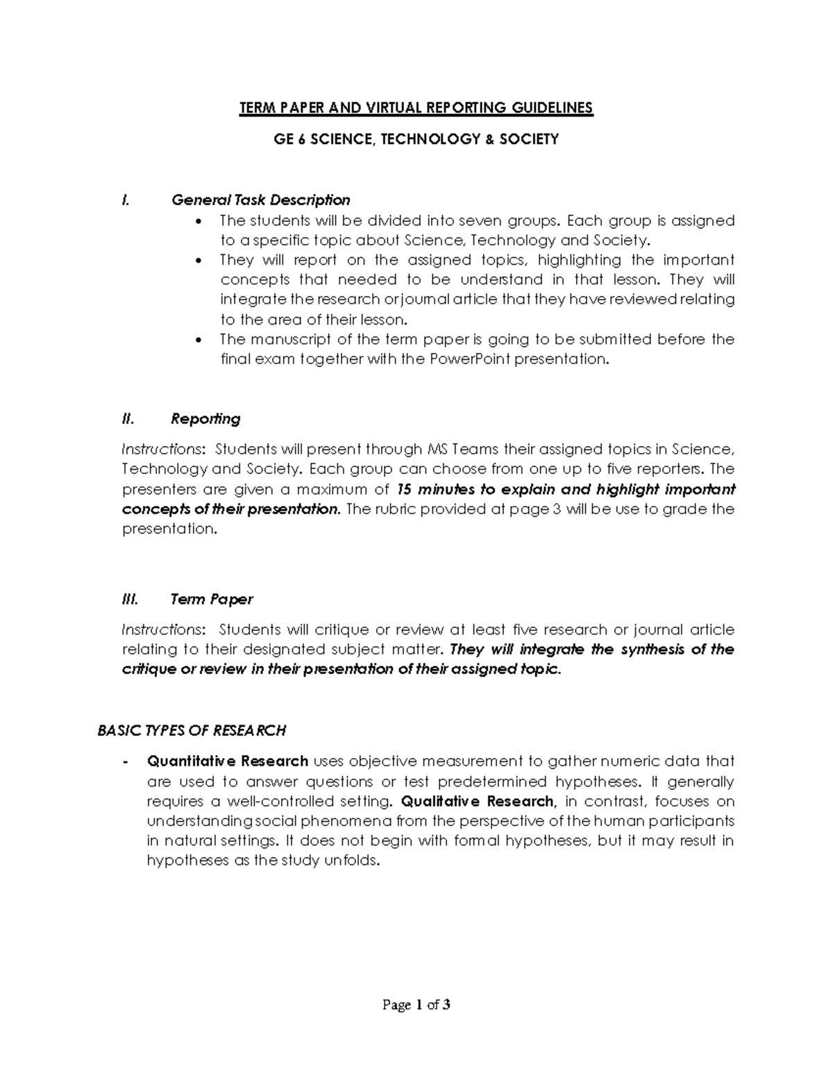 GE 6 TERM Paper AND Virtual Reporting Guidelines - Page 1 of 3 TERM ...