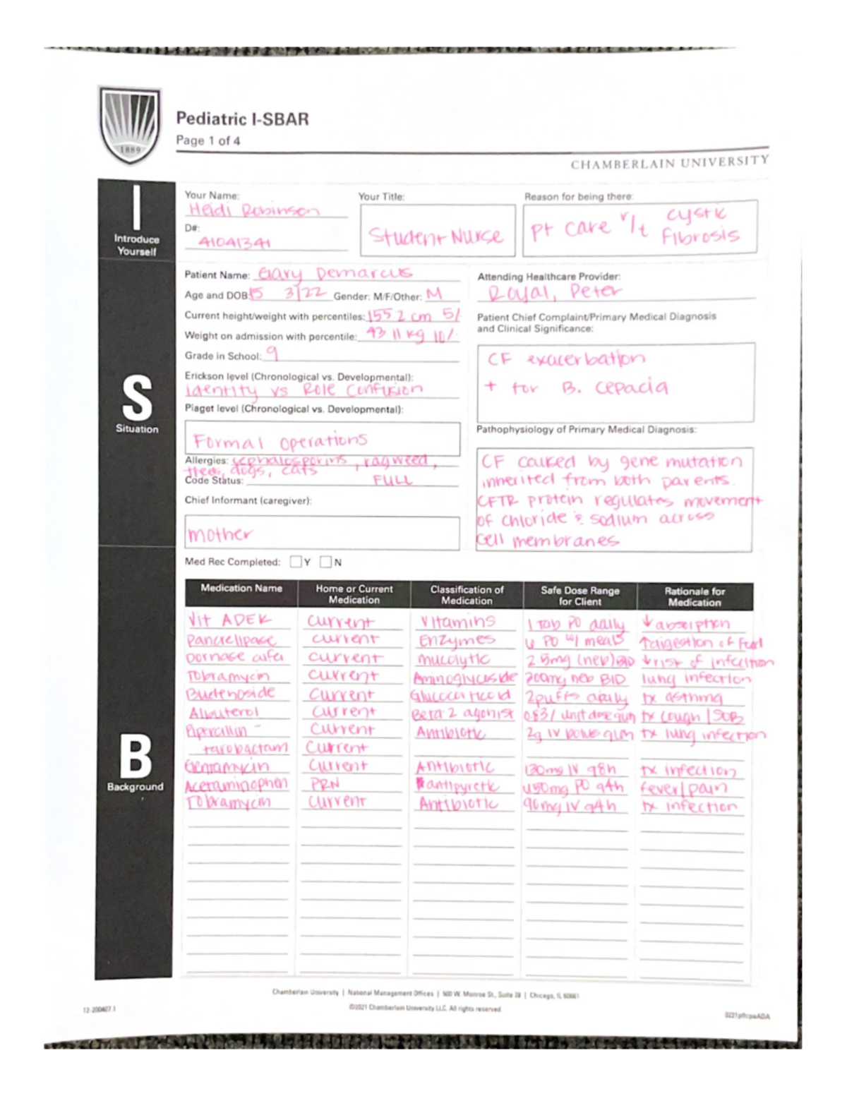 SBARcysticfibrosis - ATI SBAR - Pediatric Page 1 of 4 1889 CHAMBERLAIN ...