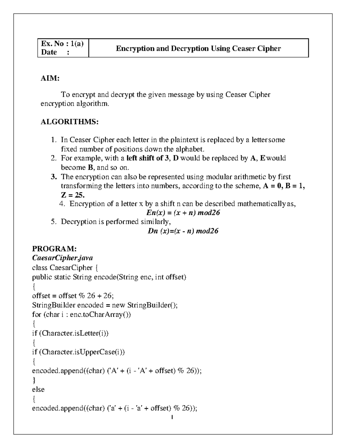 3 IT8761 Security Laboratory Manual-record - Ex. No : 1(a) Date : Encryption and Decryption ...