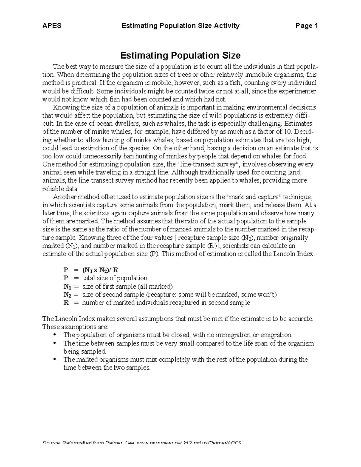 Estimating Population Size - When determining the population sizes of ...