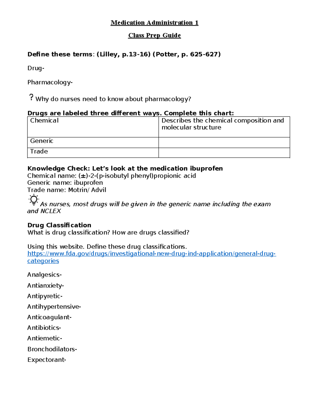 Medication Administration 1 Spring 24 - Class Prep Guide Define these ...