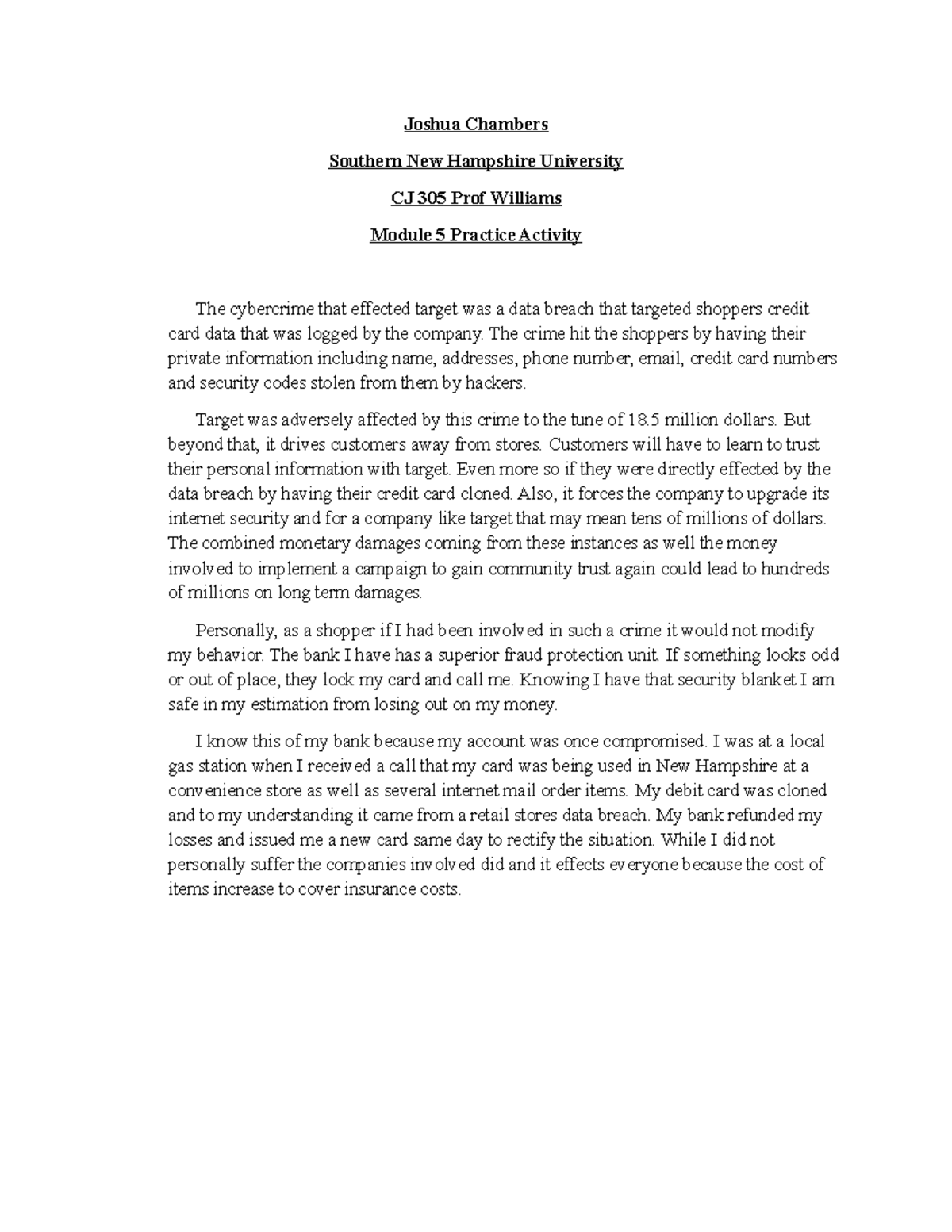 CJ 305 MOD 5 PA - Module 5 practice activity Grade A - Joshua Chambers ...