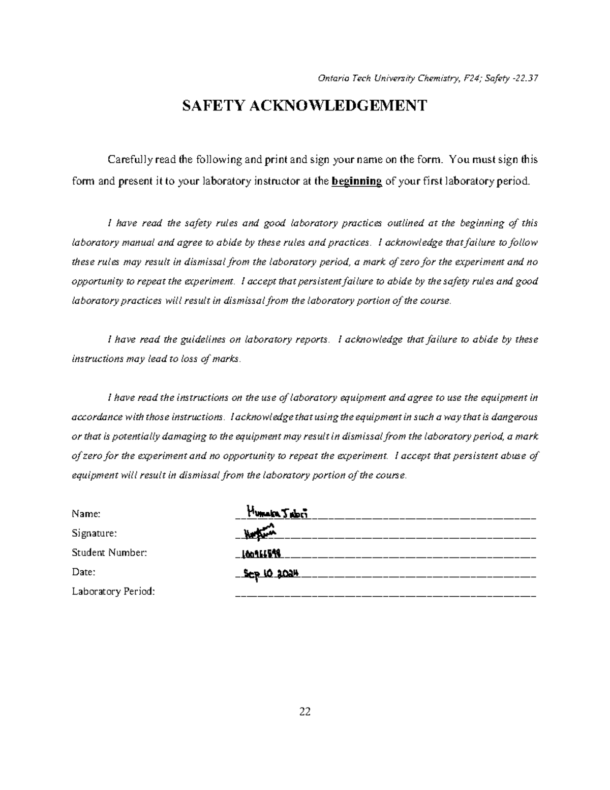 Chem safety - Ontario Tech University Chemistry, F24; Safety -2 2 .3 7 SAFETY ACKNOWLEDGEMENT ...