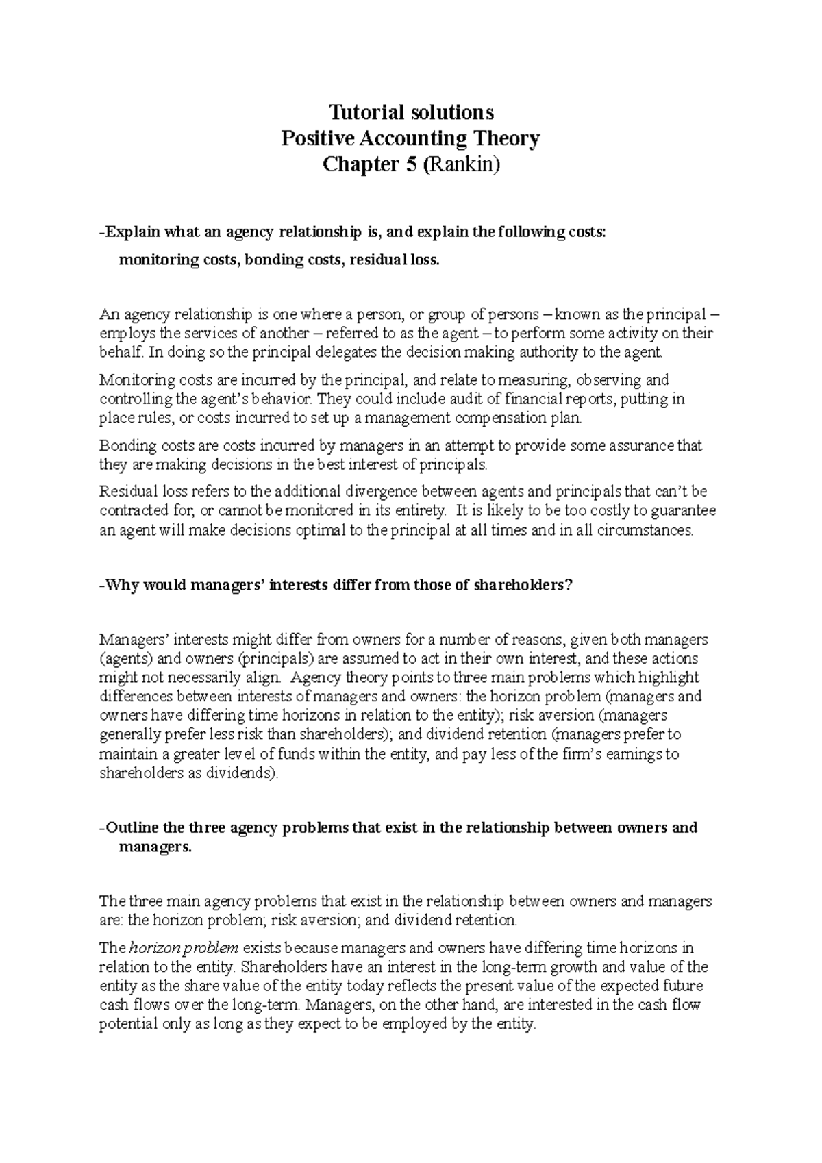 Tutorial 6 soultions- theories of accounting - Tutorial solutions Positive Accounting Theory ...