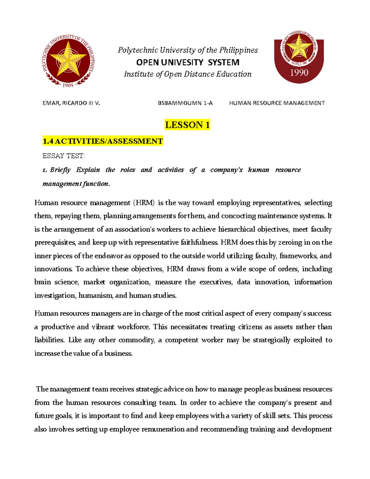 1 w - Assignment - Polytechnic University of the Philippines OPEN ...