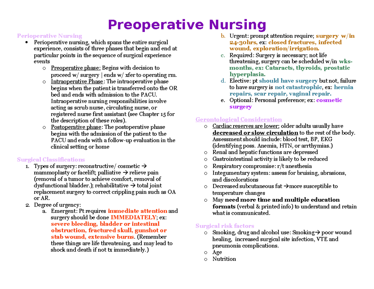 Pre,inta, post -operative Nursing - Preoperative Nursing Perioperative ...