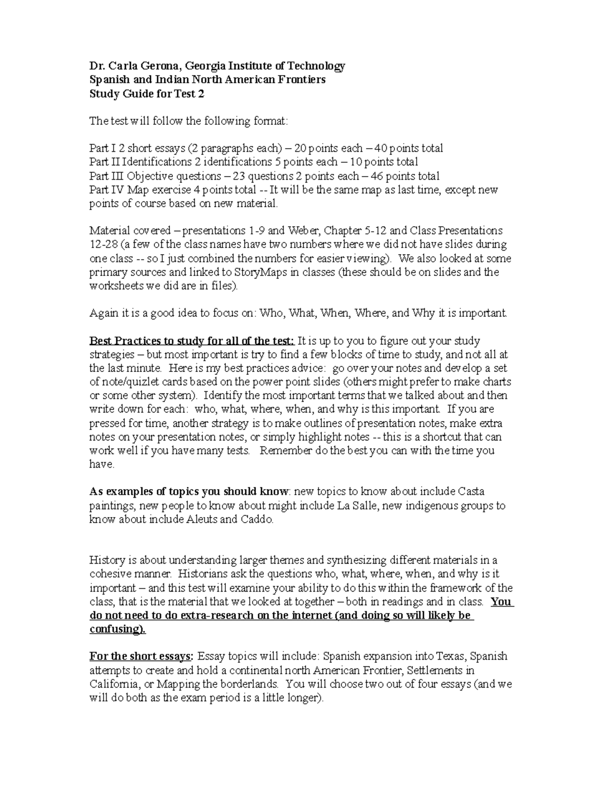 Study guide test 2 - Dr. Carla Gerona, Georgia Institute of Technology ...