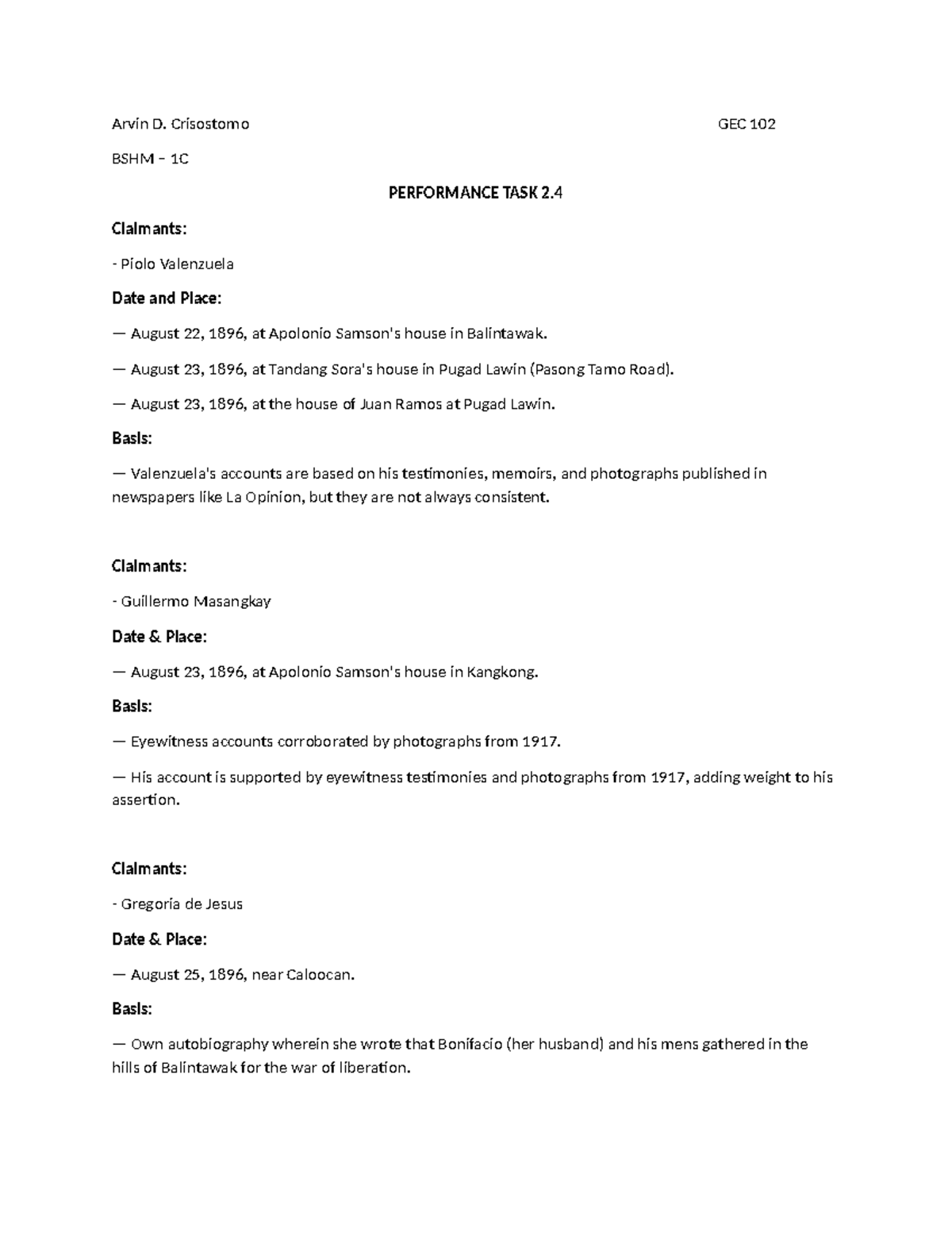 Performance task 2.4 Crisostomo - Arvin D. Crisostomo GEC 102 BSHM – 1C PERFORMANCE TASK 2 ...