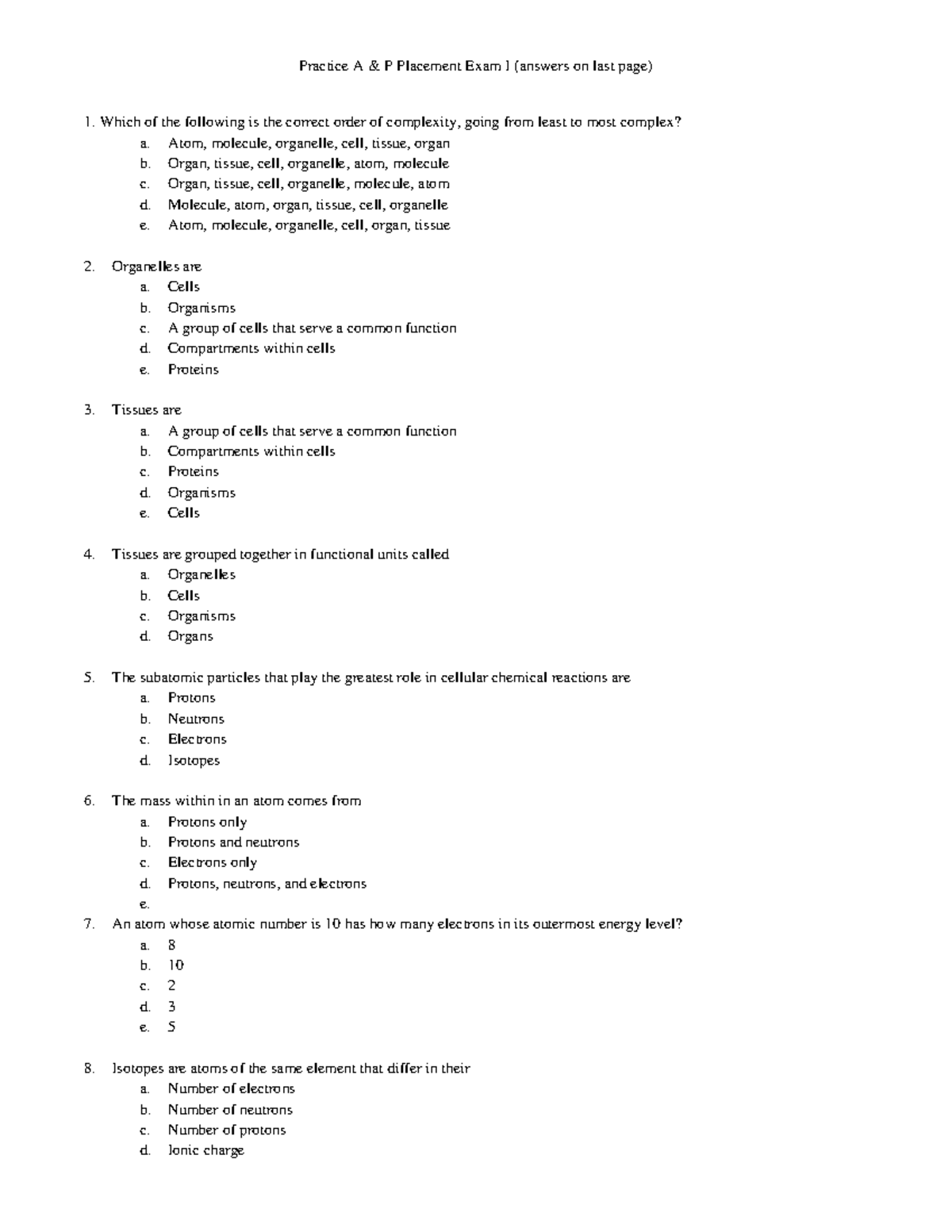 11 ap placement prac exam01 - Practice A & P Placement Exam I (answers ...