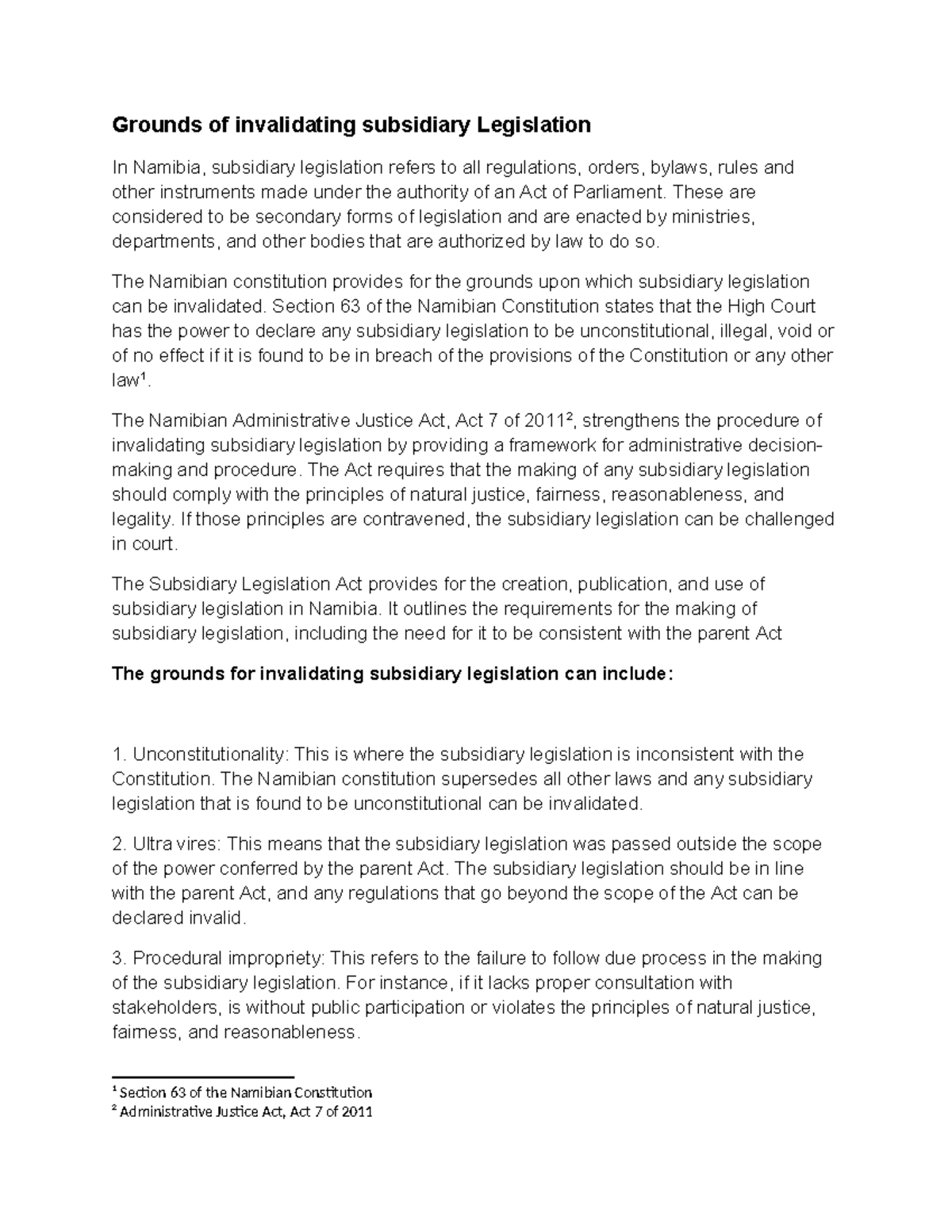 Grounds of invalidating subsidiary Legislation - These are considered ...