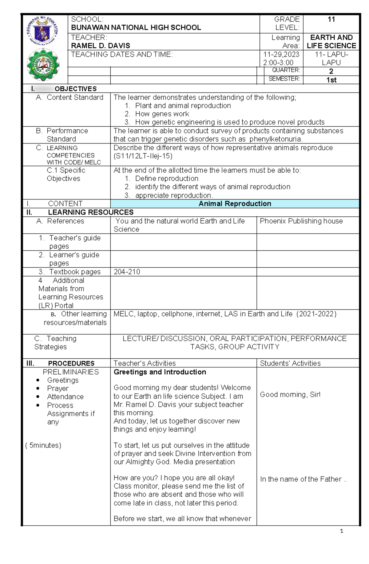 2nd Class Observation - DLP - SCHOOL: BUNAWAN NATIONAL HIGH SCHOOL ...