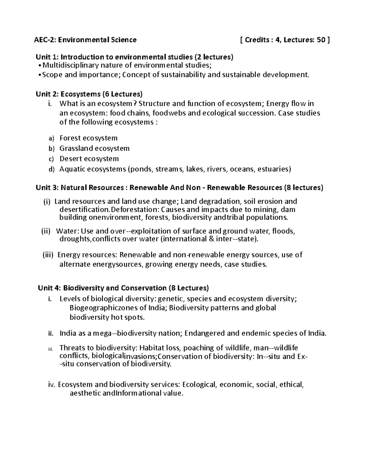 Environmental Science ( AEC-2 ) - AEC-2: Environmental Science [ Credits : 4, Lectures: 50 ...