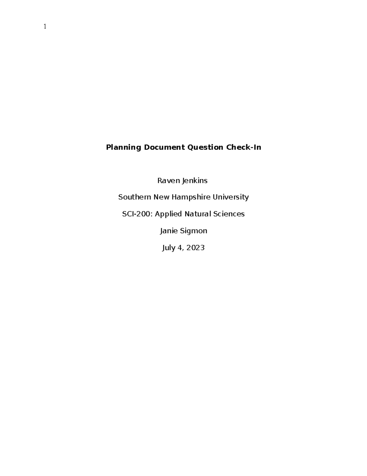 Planning Document Question Check In - 1 Planning Document Question ...