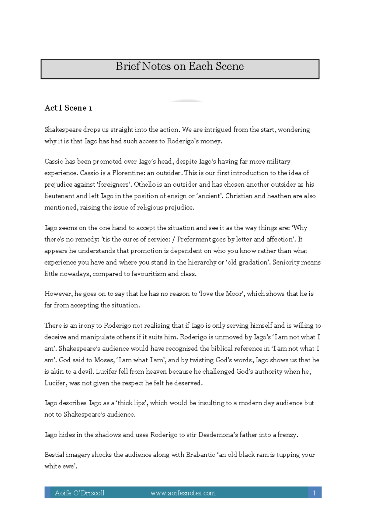 Othello by William Shakespeare - Aoife O’Driscoll aoifesnotes 1 Brief ...