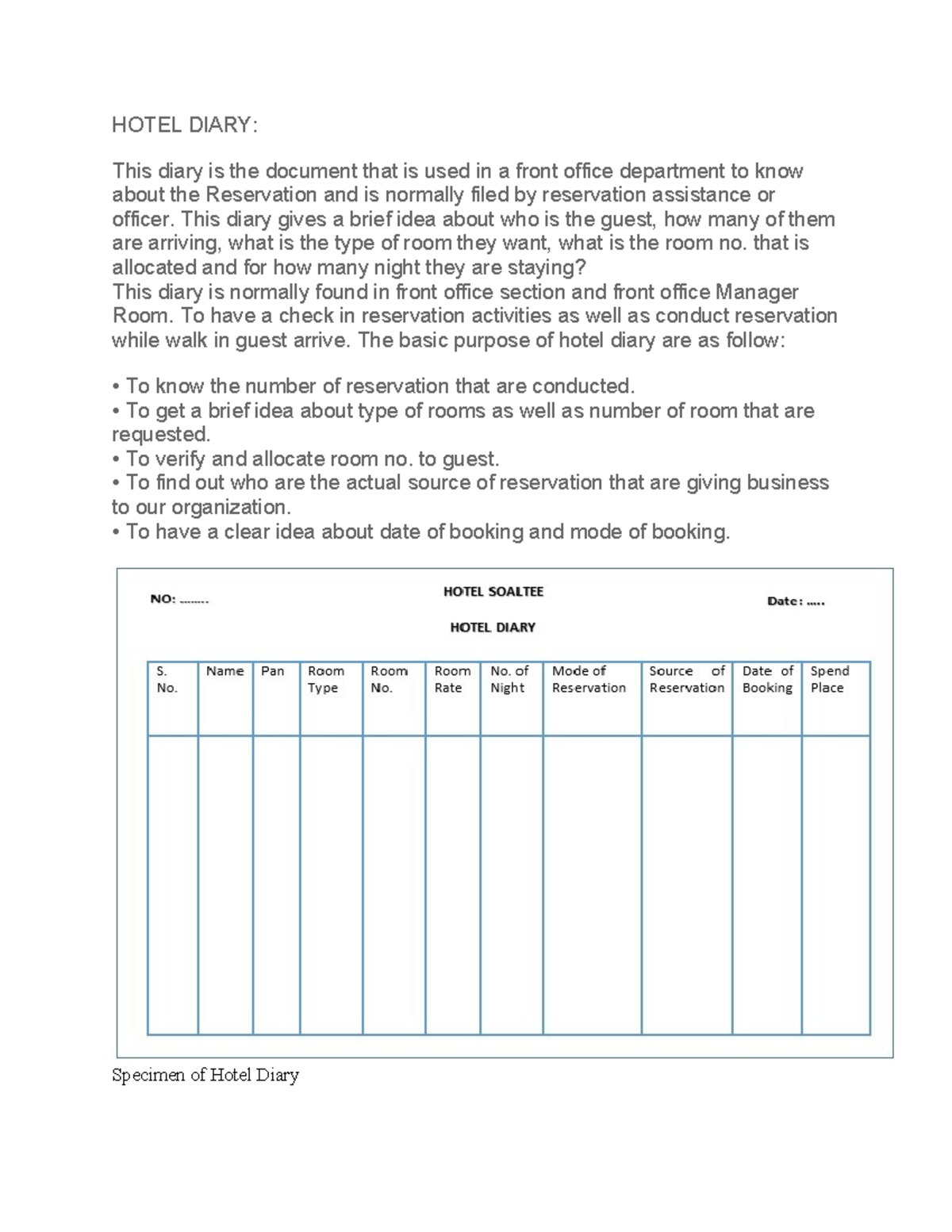 Hotel Diary - HOTEL DIARY: This diary is the document that is used in a ...