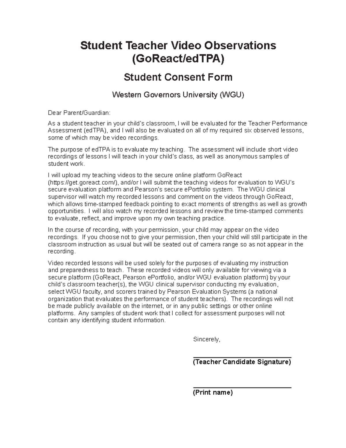 Edtpa concent form - Student Teacher Video Observations (GoReact/edTPA ...