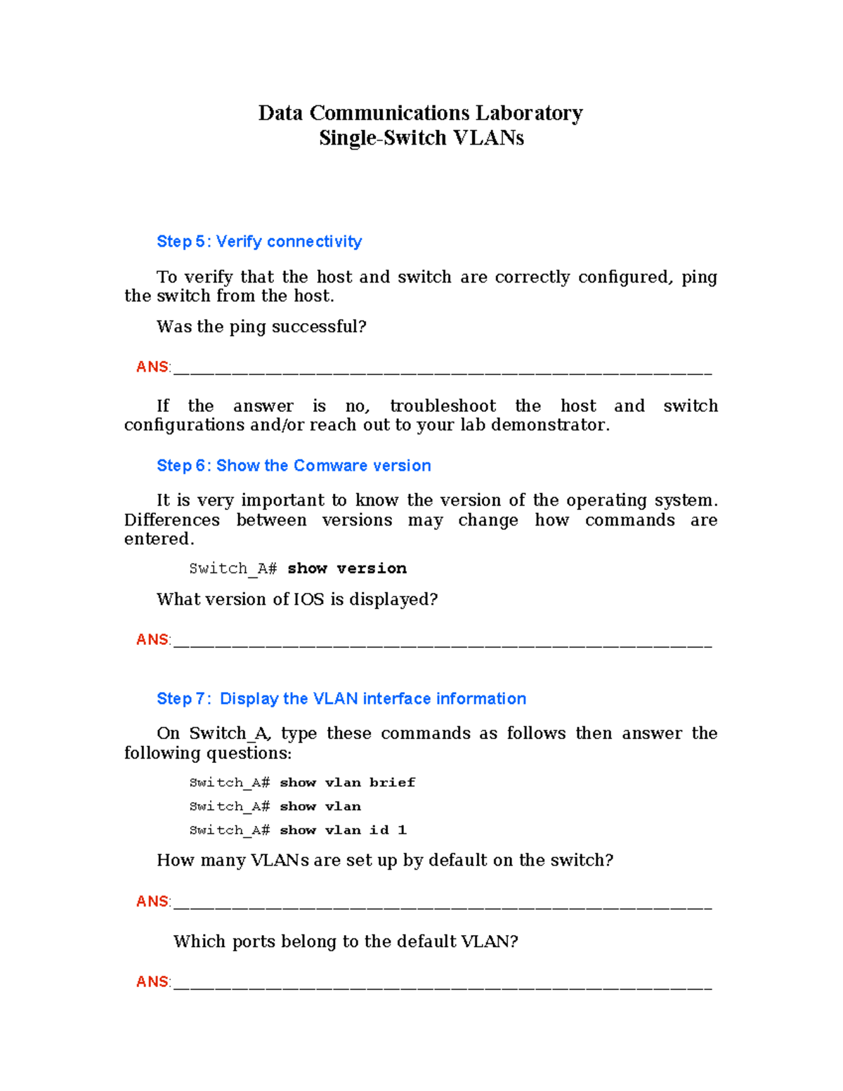 Practical - Single-Switch VLAN - Documentation Template - Data Communications Laboratory - Studocu