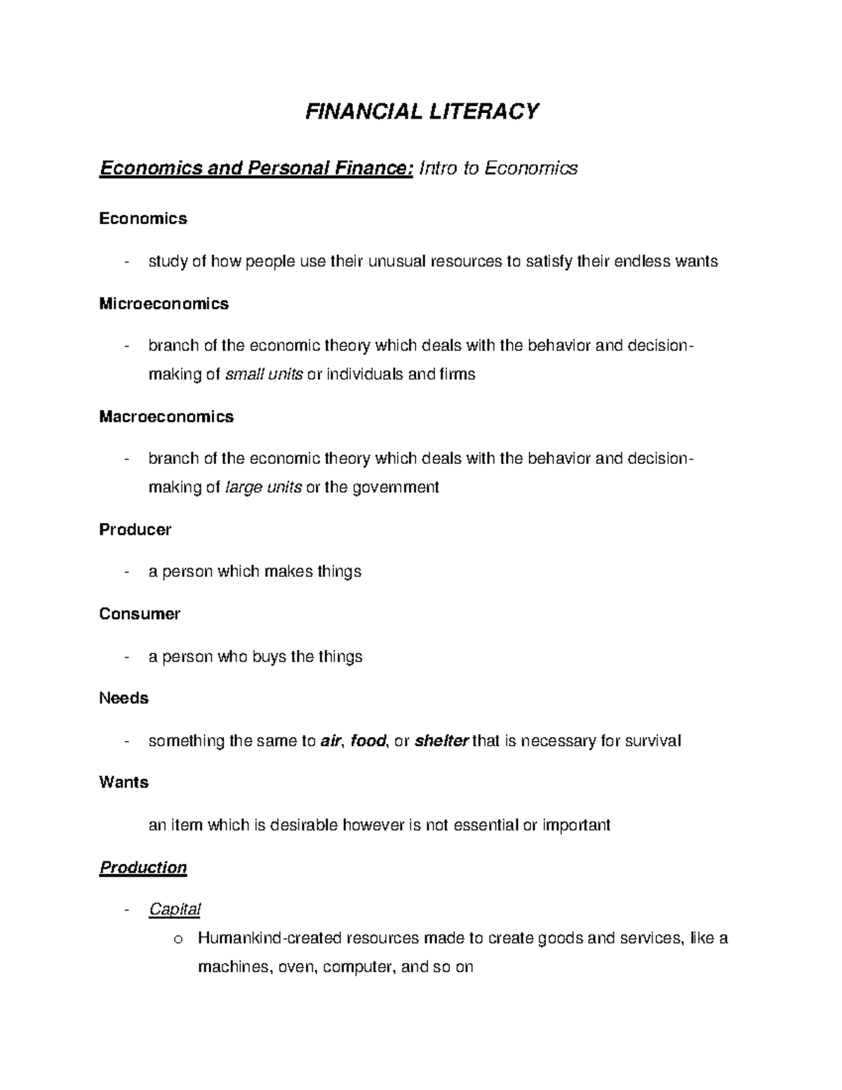 Economics and Personal Finance Intro to Economics - FINANCIAL LITERACY ...