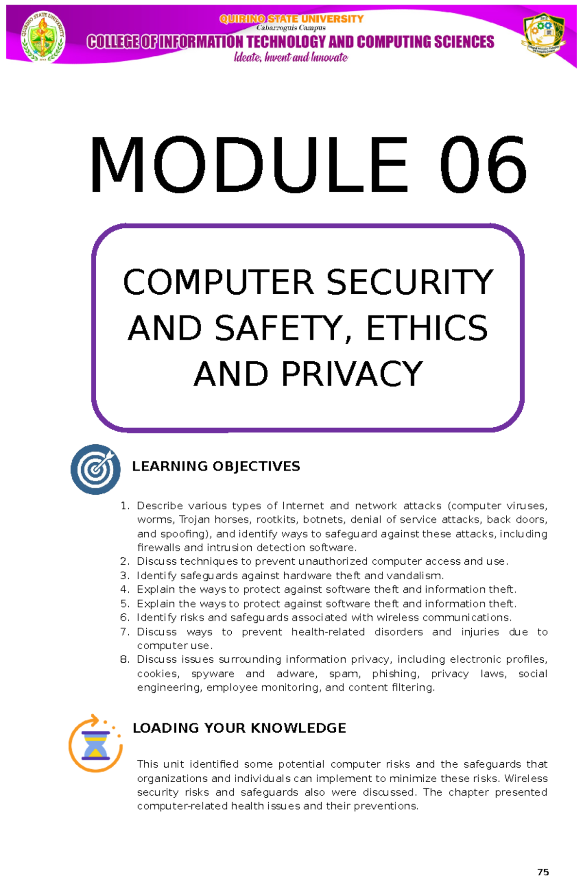 Module 06 Computer Security - MODULE 06 LEARNING OBJECTIVES Describe ...